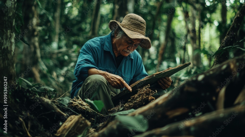 The expression of a scientist studying the impact of deforestation on ...