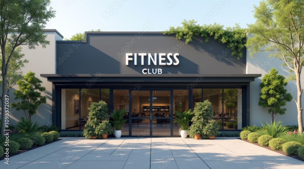 Exterior of a fitness club building, Modern architecture with large ...