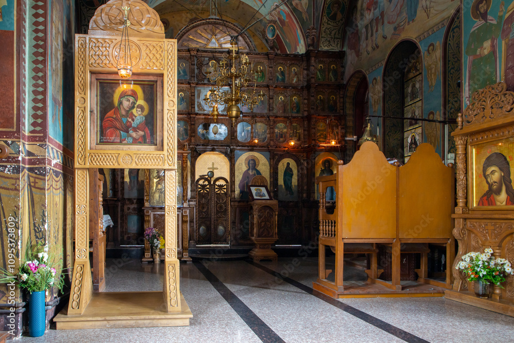 The interior of the Dervent Monastery church - Romania. It is an ...