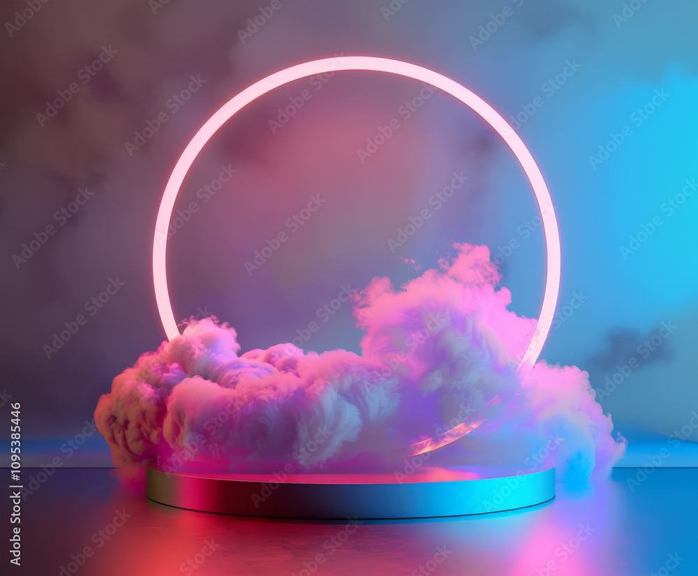 Abstract neon light podium with round linear neon frame. Circle stage ...