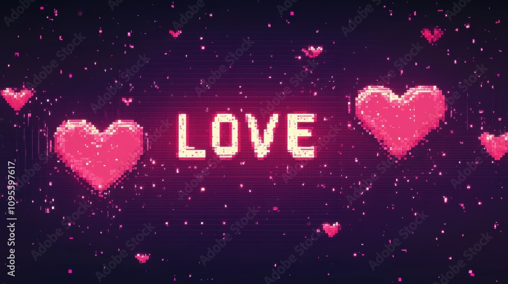 Retro 8-bit pixel art scene featuring pink and red pixelated heart ...