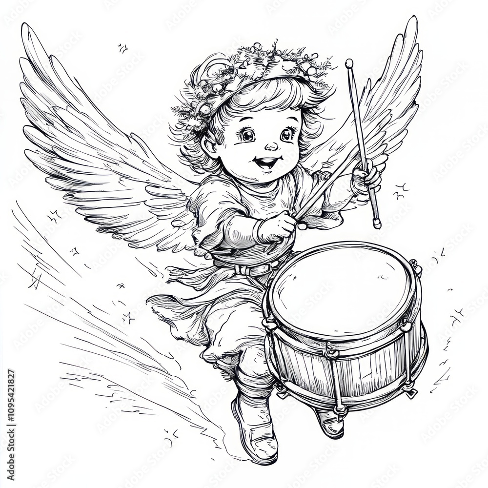 vector comic style sketch of Christmas Angel flying with drum, rough ...