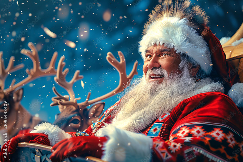Traditional Native American Santa Claus joyfully riding a sleigh with ...