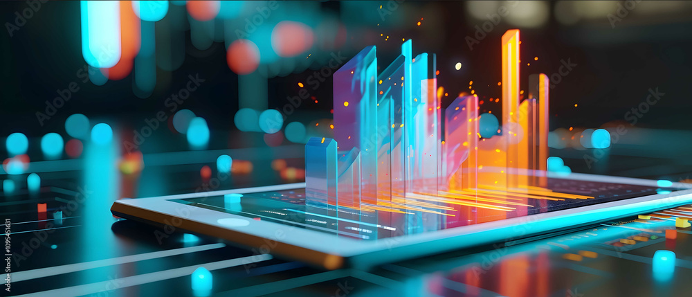 3d image photo of a graph popping out of an ipad sales and marketing ...