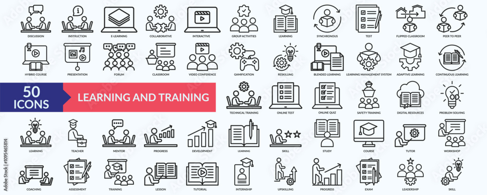 Learning and training icon collection set with teacher, coaching ...