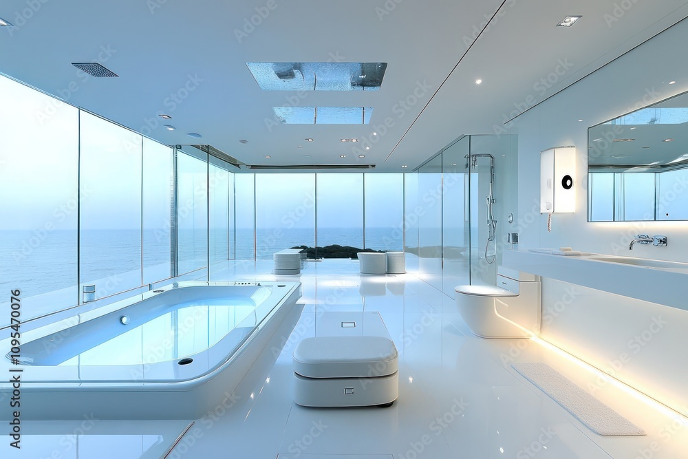 Sleek, high-tech bathroom with automated features, mood lighting, and a ...