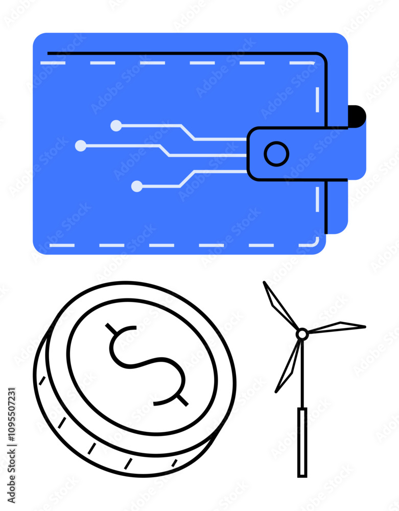 Digital blue wallet with circuit lines, currency coin with dollar sign ...