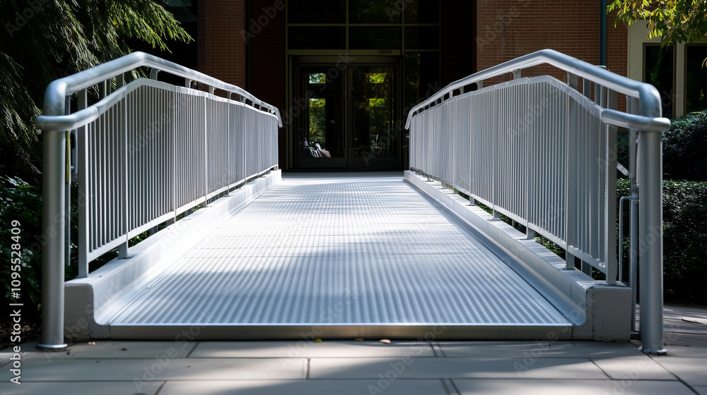Metal ramp featuring raised edge guards for wheelchair security, with ...