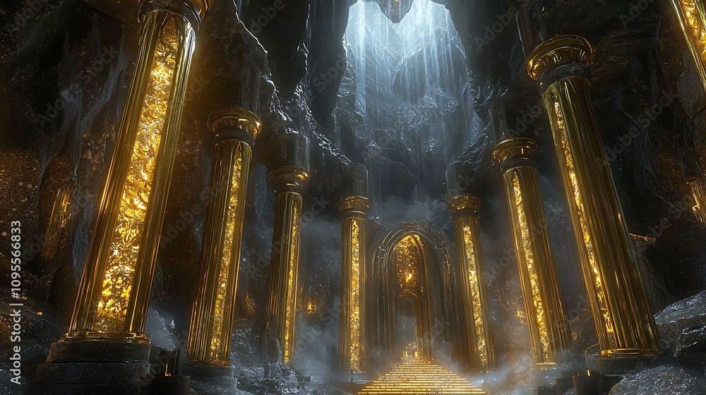 Ethereal temple on the mythical Mount Olympus featuring grand golden ...