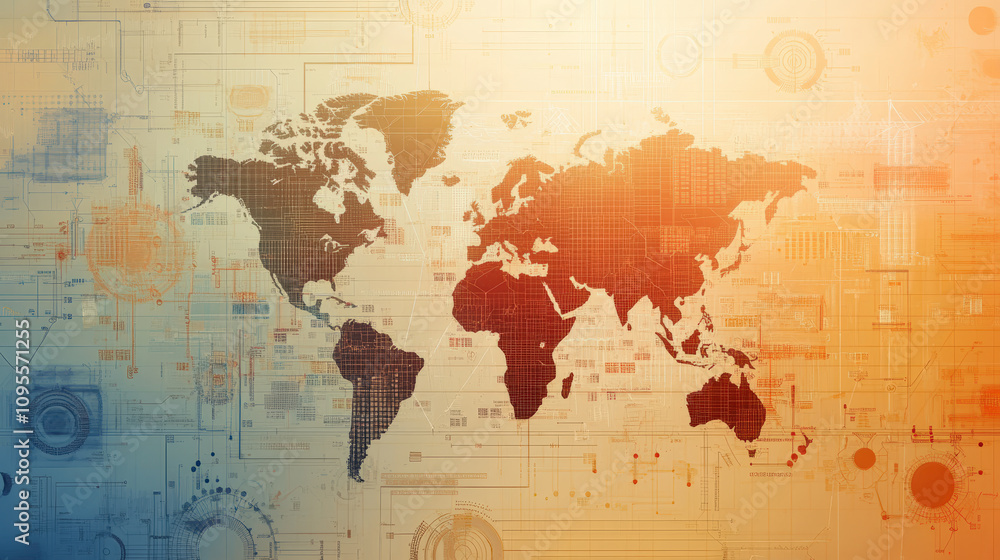 A stylized world map overlaying a digital, circuit-like background ...