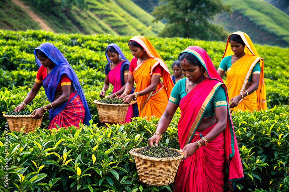 Young Indian women picking tea leaves in a tea plantation. Stock Photo ...
