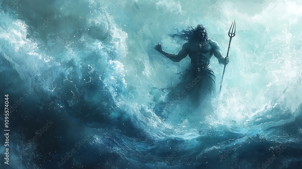 Poseidon the Greek god of the sea emerging from the churning turbulent ...