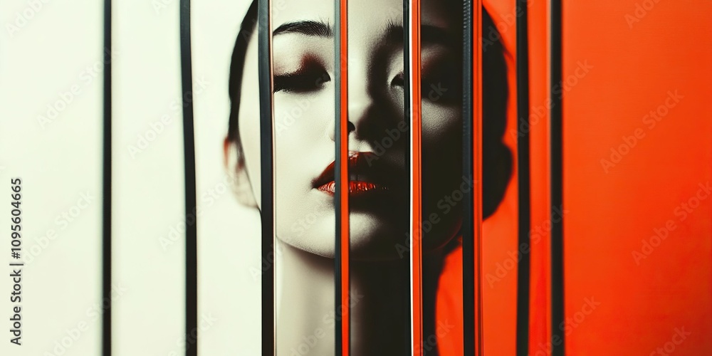 Glitched and corrupted female face. Model hidden behind mirror pattern ...