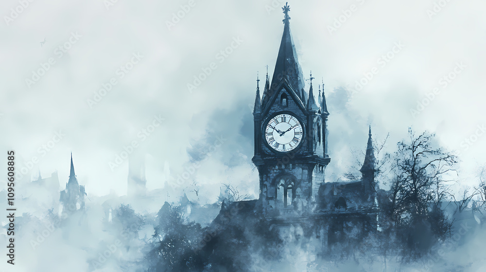 Gothic clock tower ticking away time in a misty watercolor village ...
