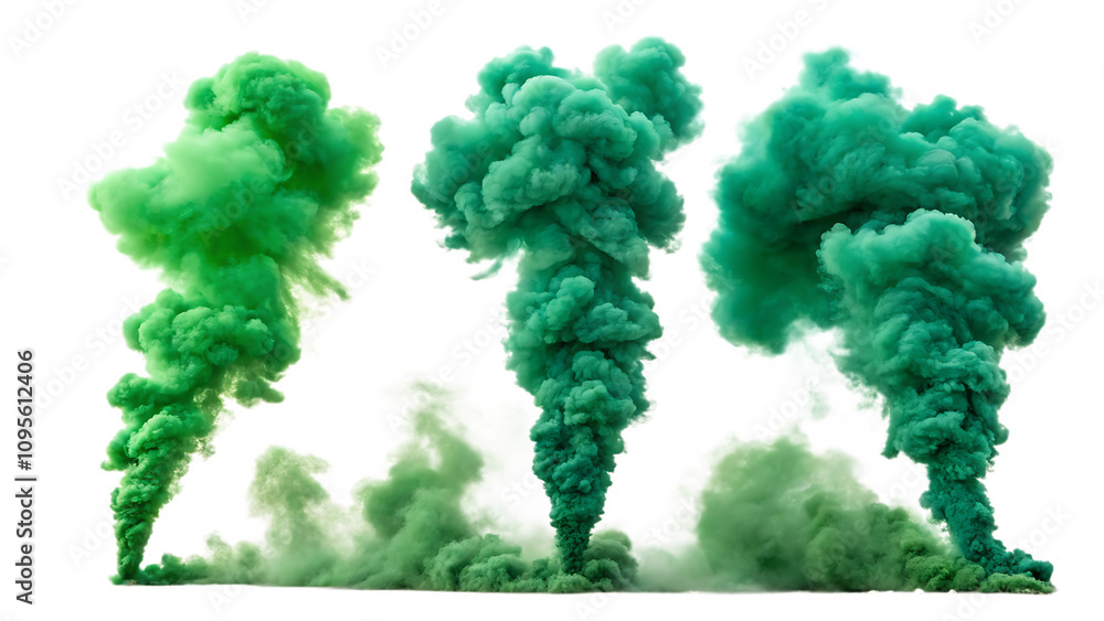 Set of green smoke explosion isolated on white background as ...