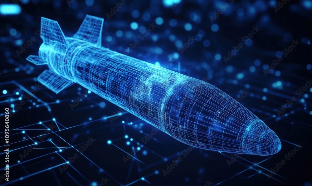 3D wireframe missile model, digital technology representation ...