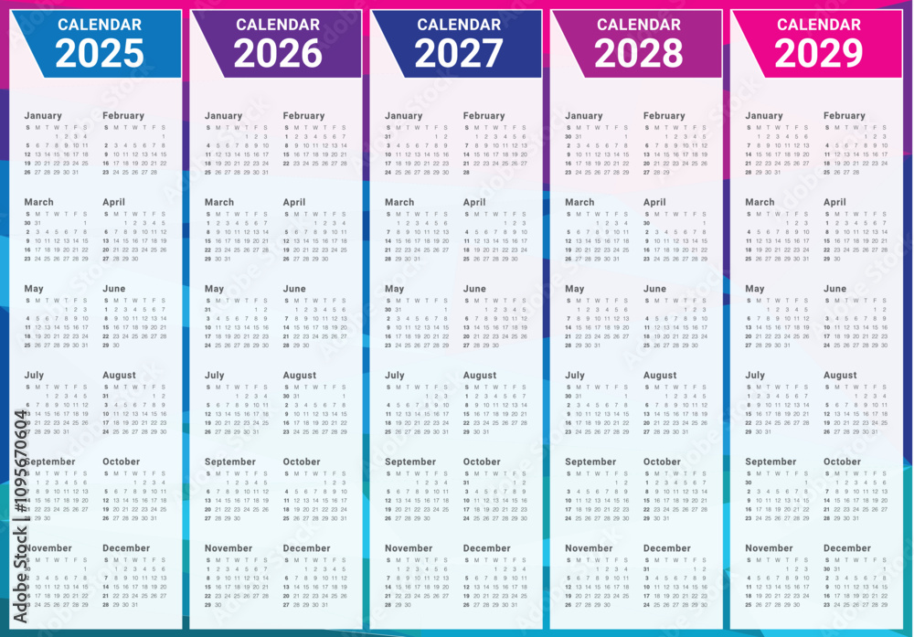 Vettoriale stock di 2025 2026 2027 2028 2029 year calendar vector ...