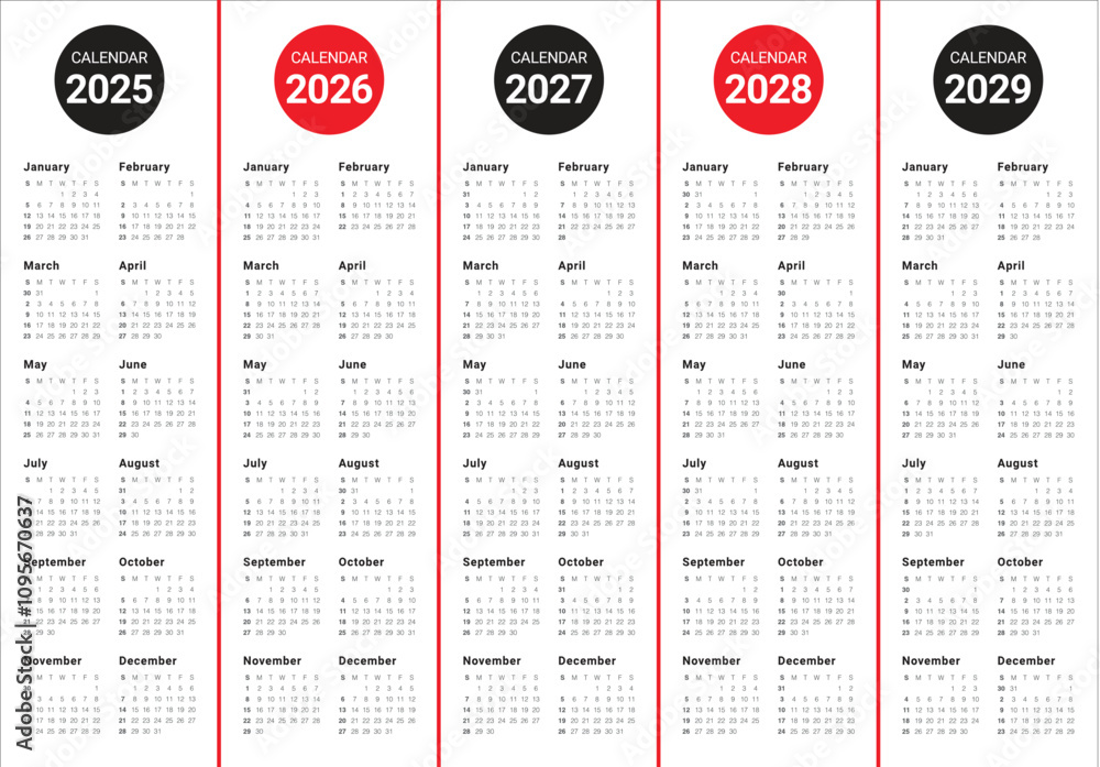 2025 2026 2027 2028 2029 year calendar vector design template 素材庫向量圖 | Adobe Stock