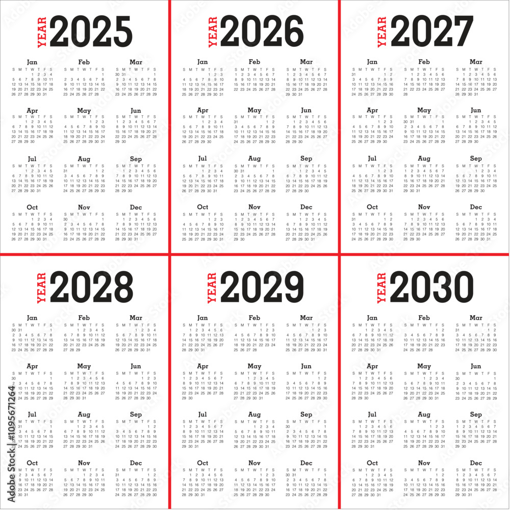 2025 2026 2027 2028 2029 2030 year calendar vector design template Stock Vector | Adobe Stock