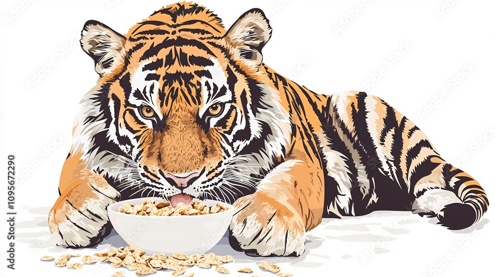Stylized hand drawn of a tiger eating breakfast cereal from a simple ...