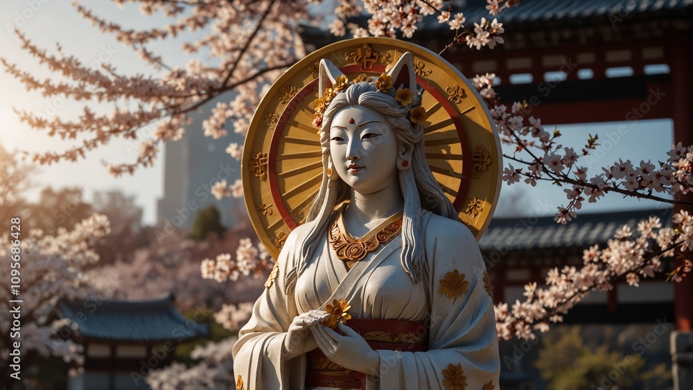 A stone statue of Amaterasu, the Japanese sun goddess, holding a sacred ...