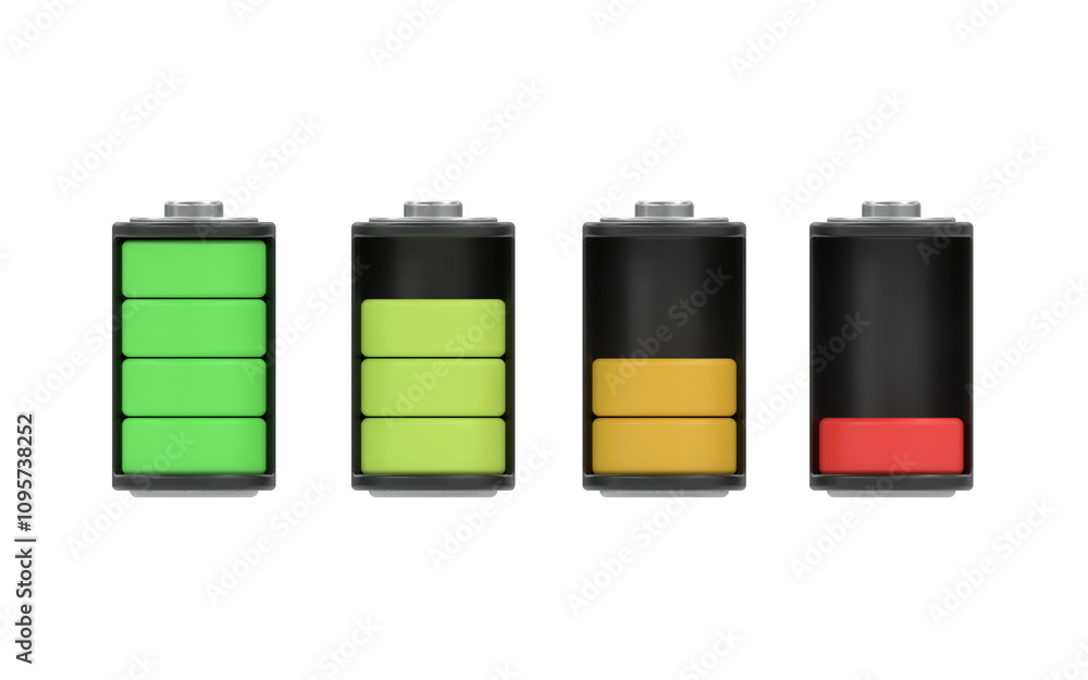 Charge levels, 3D icon set, battery, fully charged, regular charge, low ...
