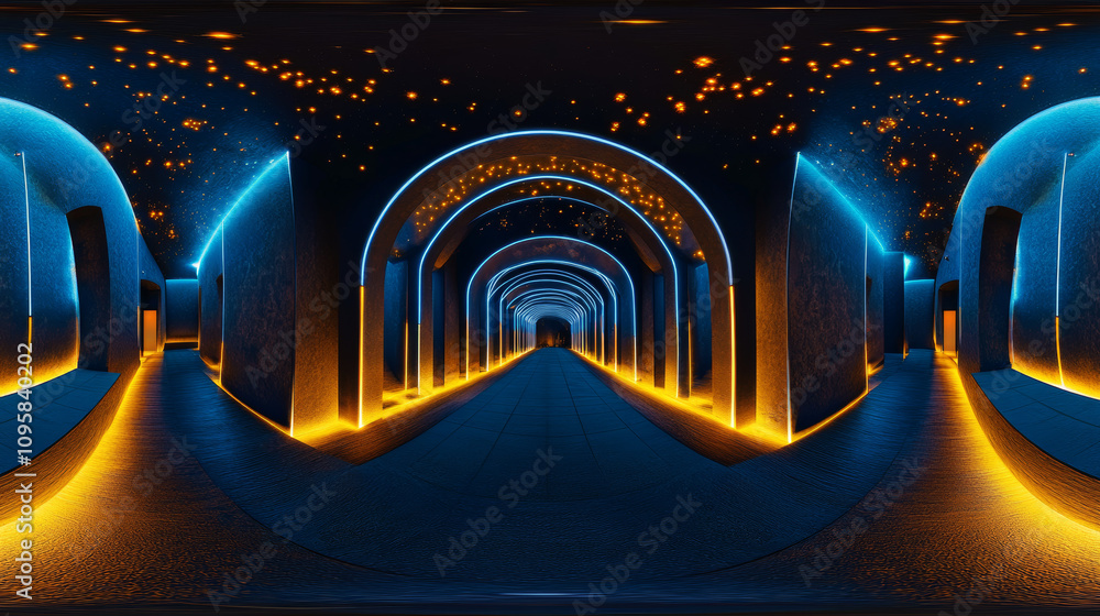 360 degree panorama view.A 3D image shows symmetrical light designs in ...