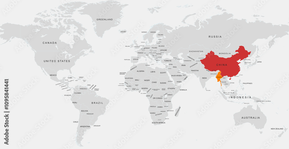 World Map Highlighting china and myanmar in Color Stock Illustration ...