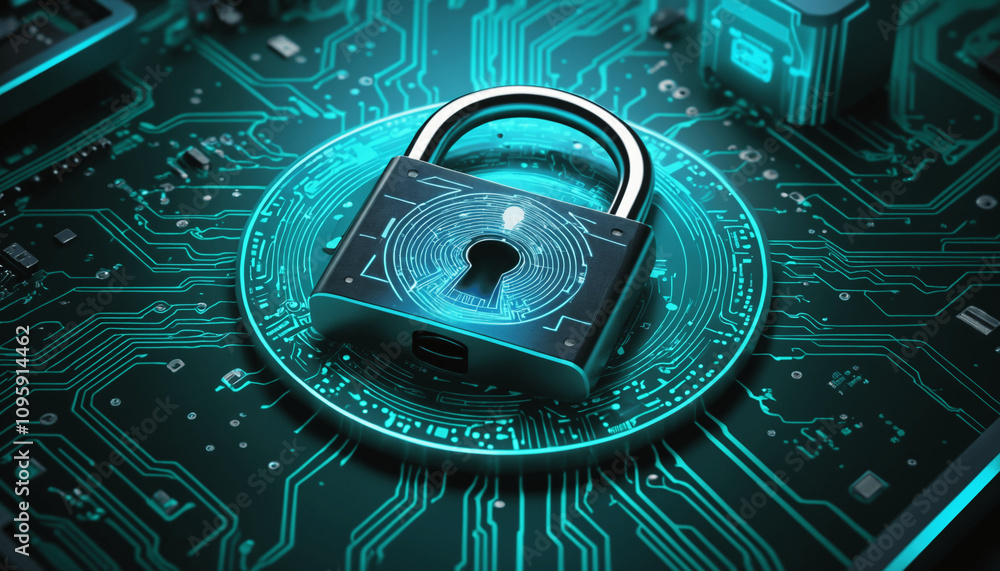 Cybersecurity service concept: close-up of motherboard with safety lock ...