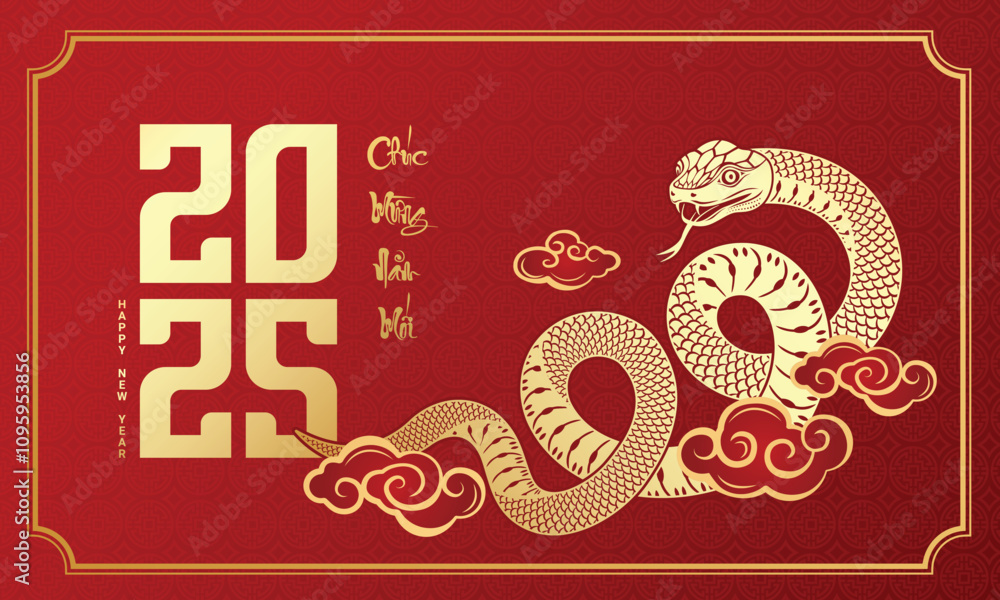 Happy Vietnamese New Year 2025. Snake zodiac with cloud on red ...