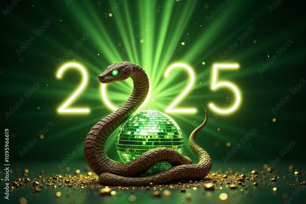 Green neon snake coiled around a disco ball with "2025" text. Stock ...