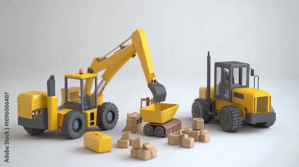 Construction Equipment Scene with Realistic 3D Models of Excavator ...
