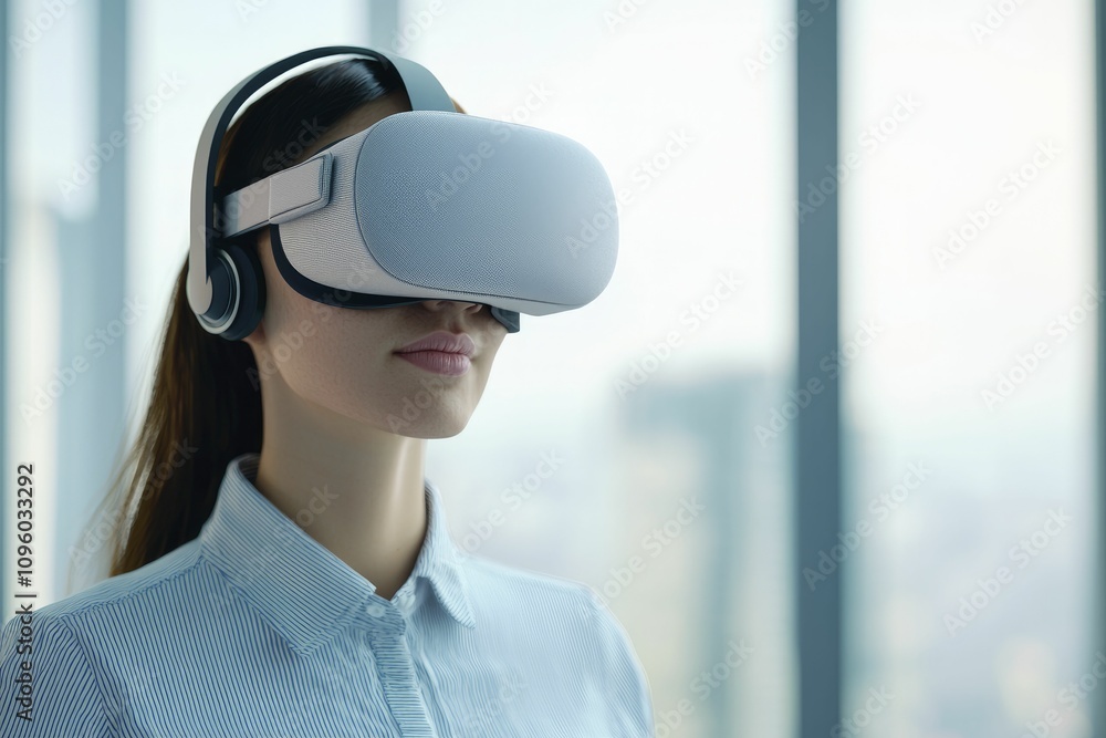 Virtual reality headset user engaged in immersive training module ...