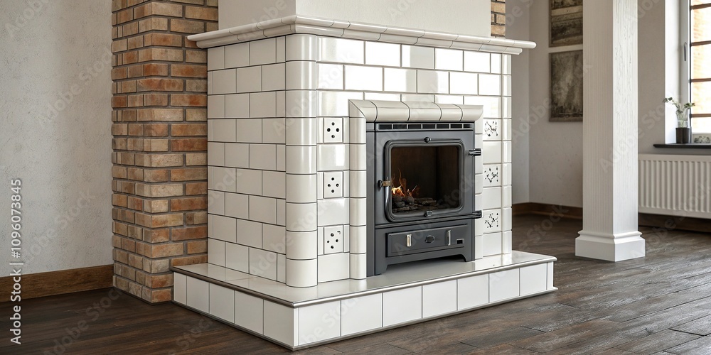 White ceramic tile in a modern tiled stove fireplace with a minimalist ...