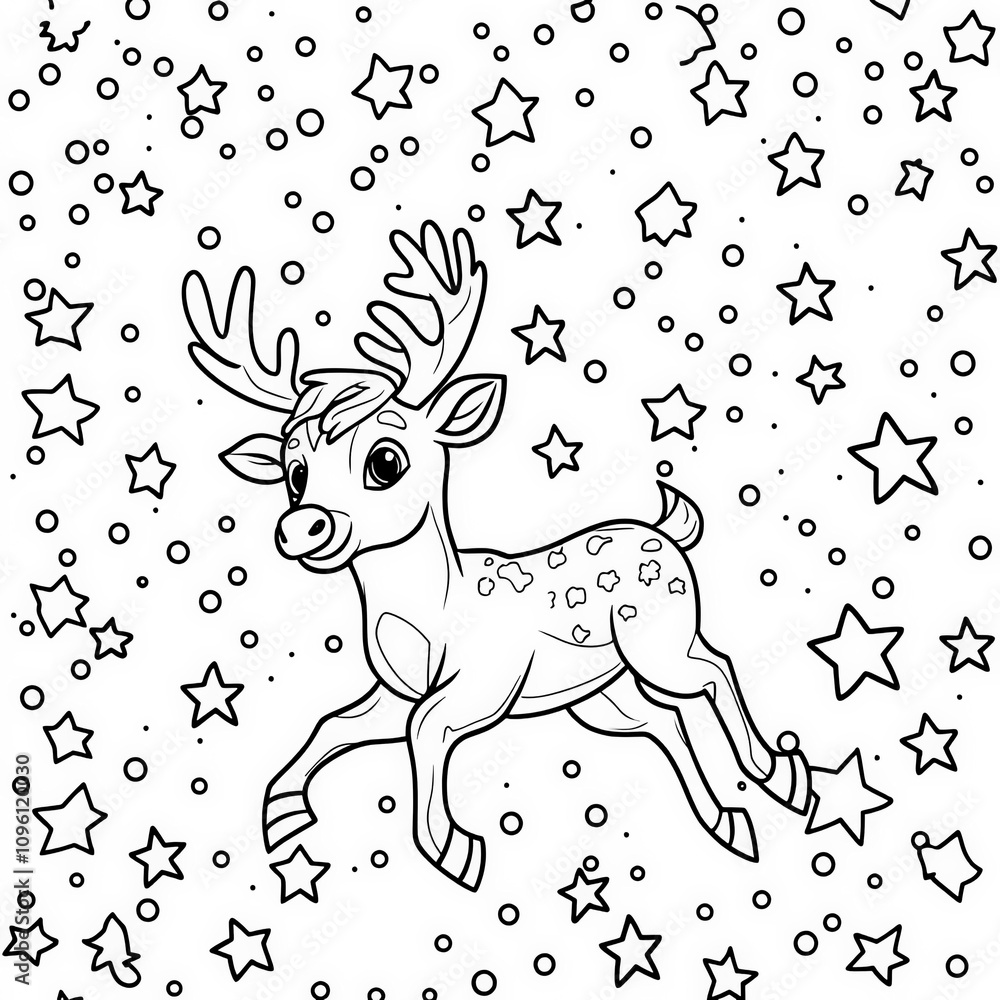 Reindeer flying through a starry night sky, coloring page for kids ...