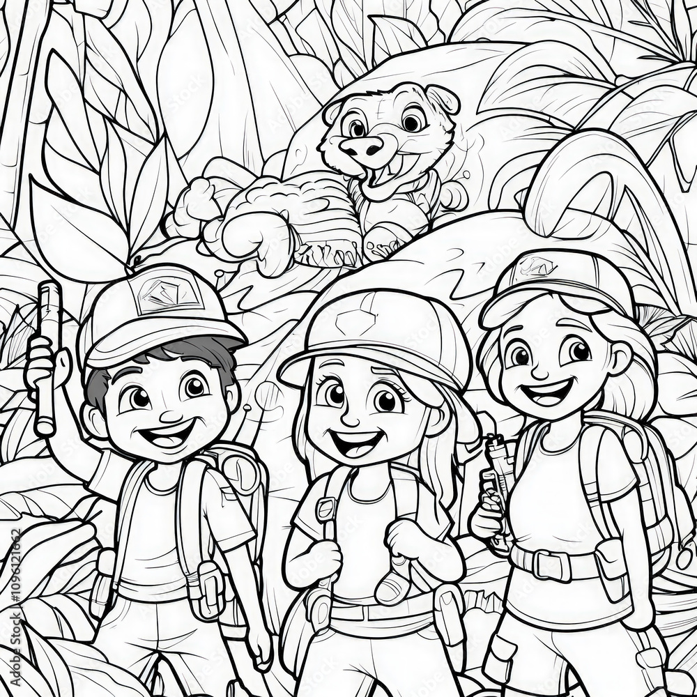 An adventurous jungle with explorers, coloring page for kids, simple ...