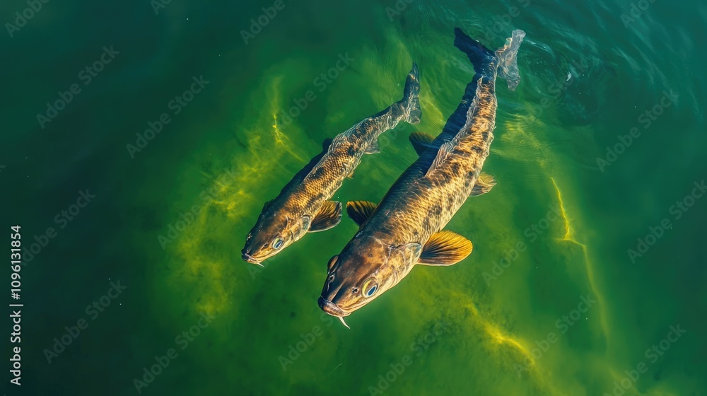 Mother snakehead murrel fish and her young swim near the water's ...