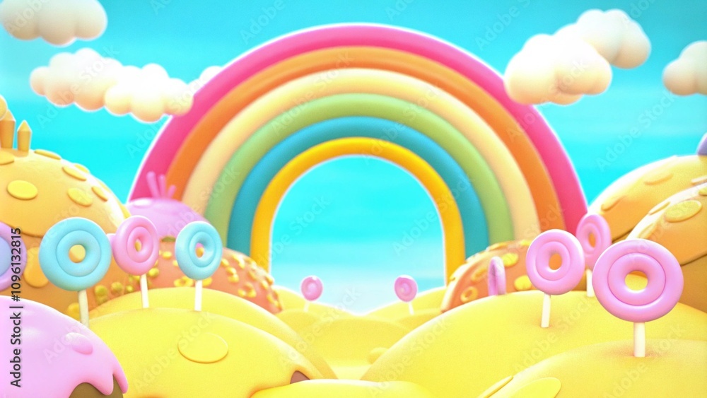 Candyland background with rainbow, candy house, and lollipops on the ...