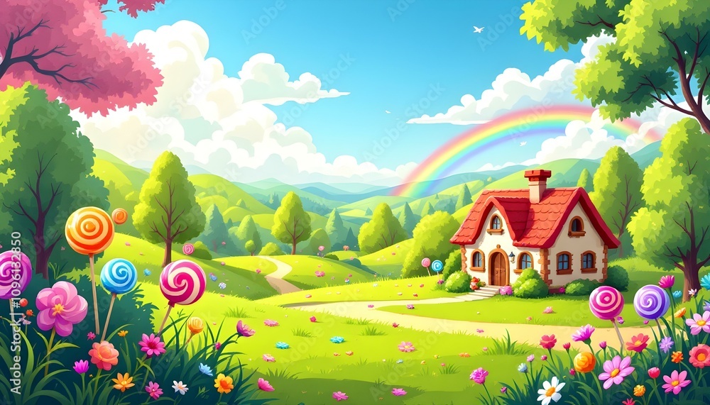 Candyland background with rainbow, candy house, and lollipops on the ...