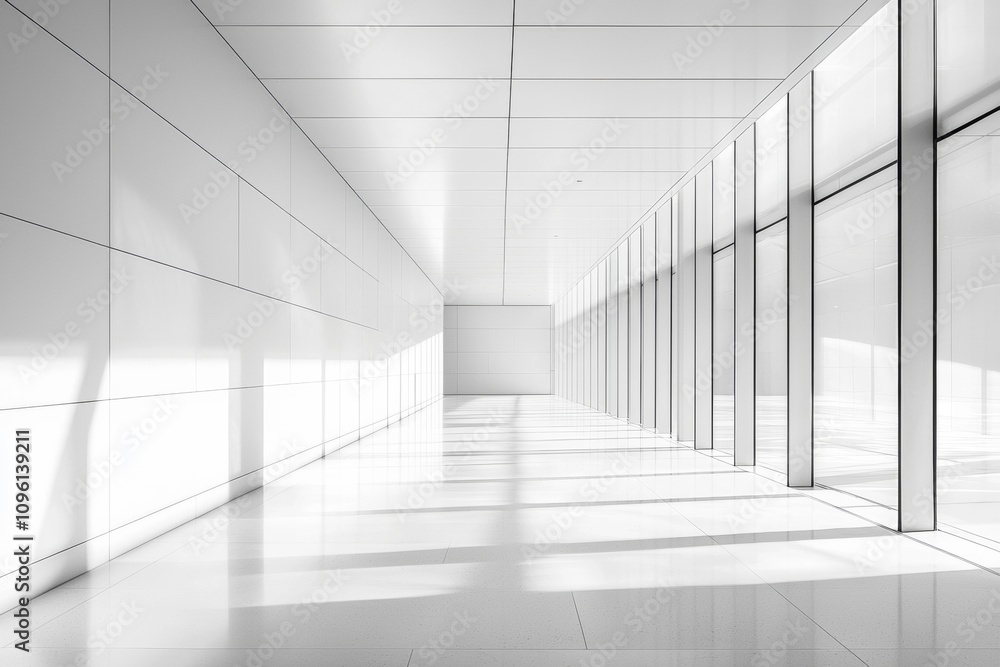 Minimalist white corridor with geometric wall panels and large glass ...