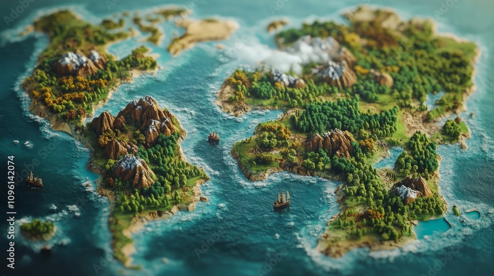 Stylized 3D world map showing continents, oceans, mountains, forests ...