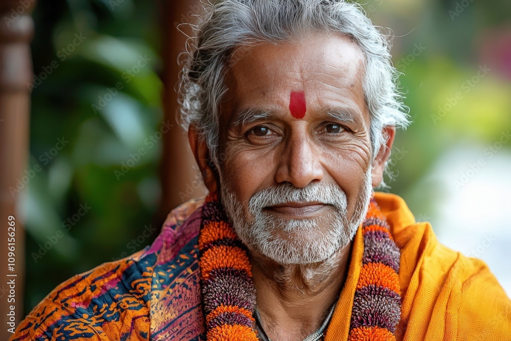 Elderly man with traditional indian attire and sacred mark in peaceful ...