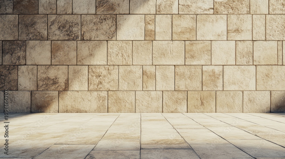 Travertine tiled wall with warm beige tones and stone texture, creating ...