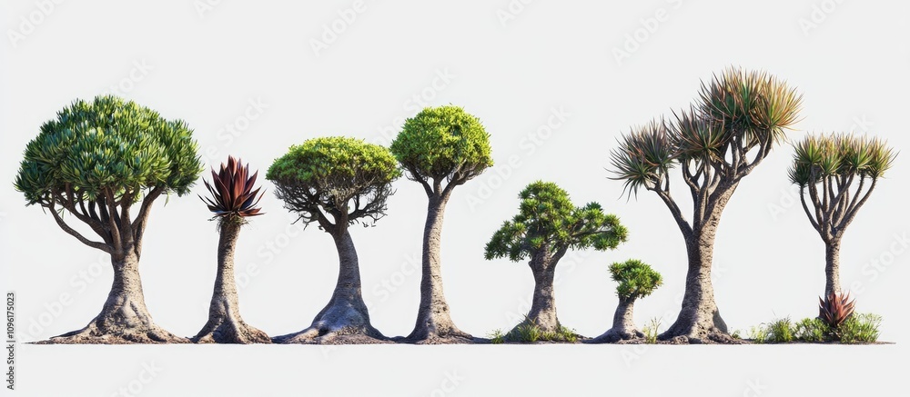 Diverse growth stages of Dracaena cinnabari showcasing the unique ...