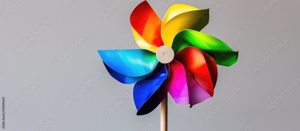 Colorful vibrant pinwheel spinning against a neutral gray background ...