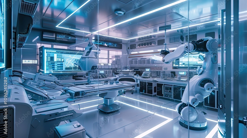 High-tech laboratory featuring advanced robotics and futuristic technology for innovation. Stock ...