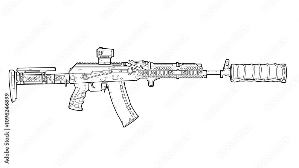 lineart line art Upgraded AK 74 assault rifle with collimator sight, magnifier, tactical grip ...