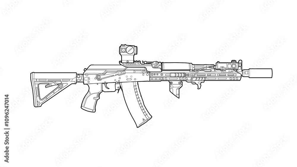 lineart, line art of Upgraded AK 74 assault rifle with collimator sight ...