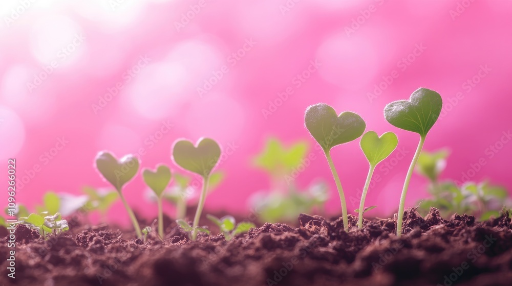 Heart-shaped seedlings sprouting from rich soil against a soft pink ...