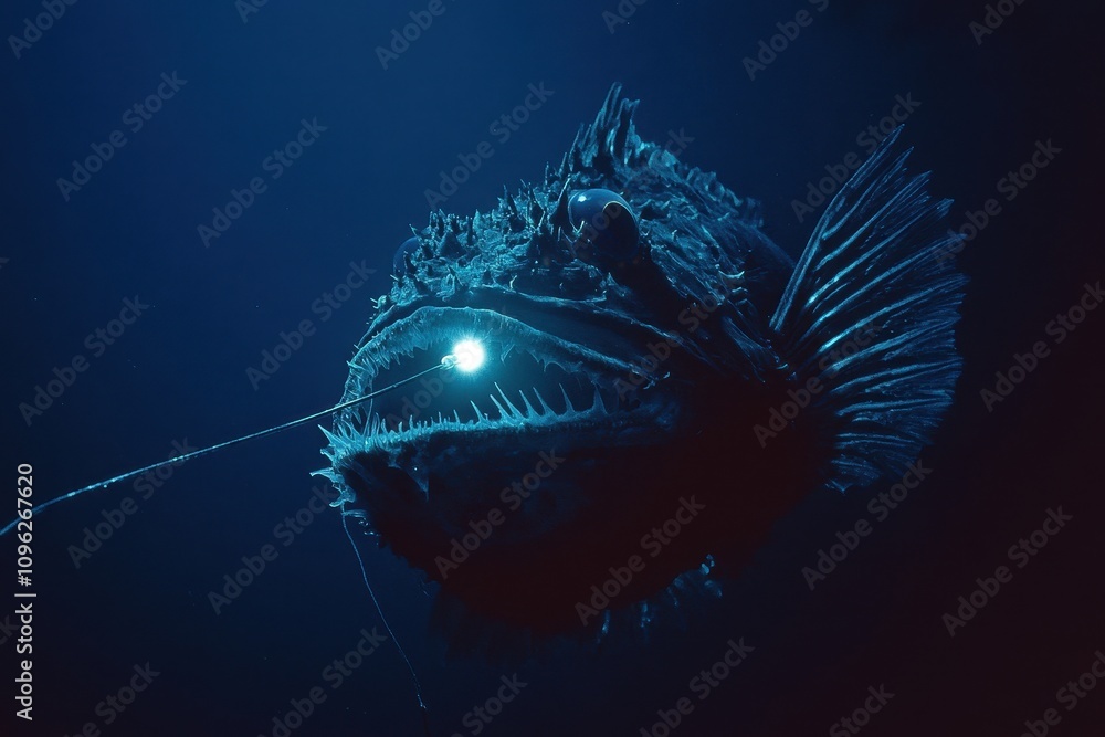 Humpback Anglerfish in Deep Water A rare anglerfish in pitch-black ...